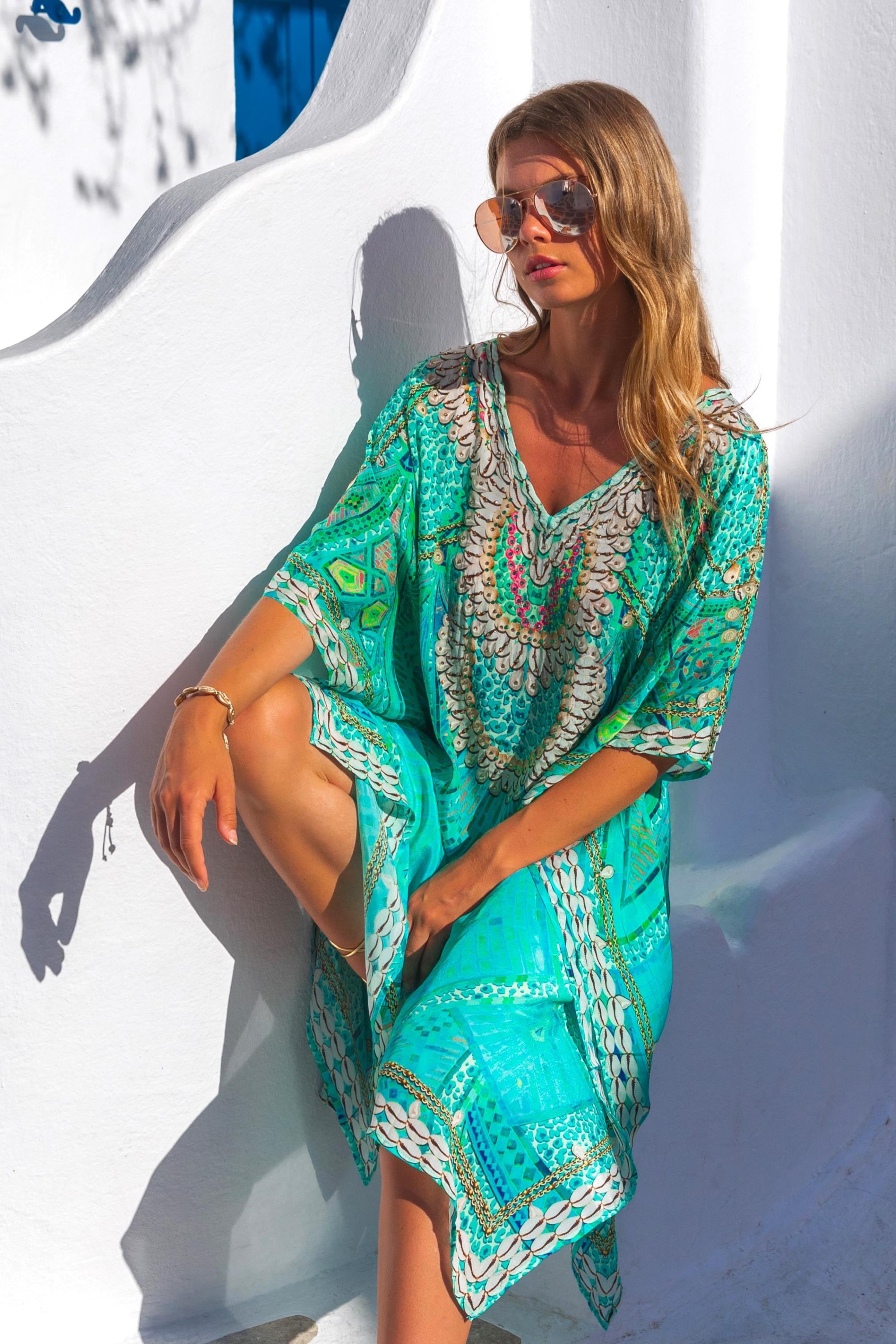 Aqua sparkly silk designer beach cover ups – Lindsey Brown
