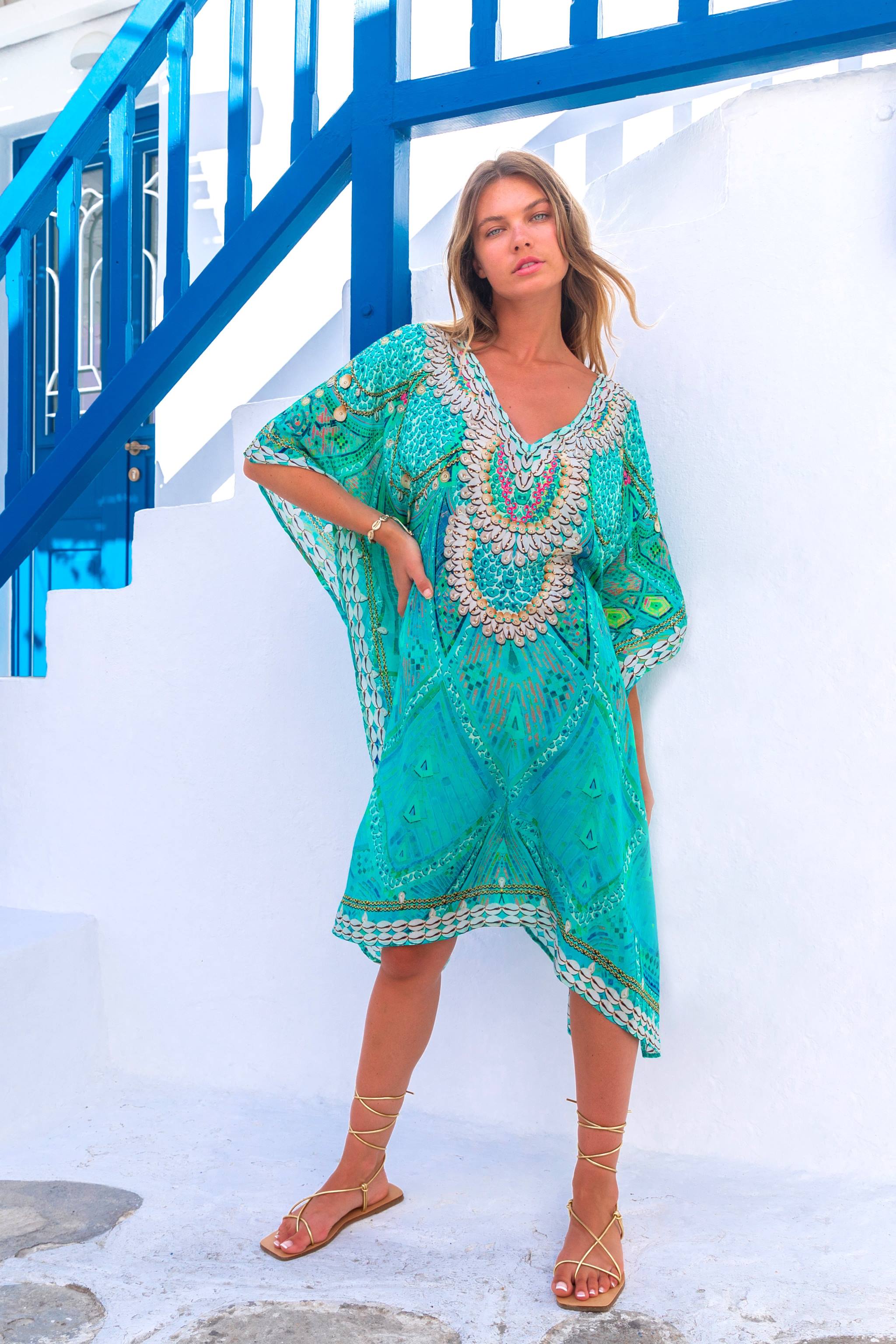 Aqua sparkly silk designer beach cover ups – Lindsey Brown