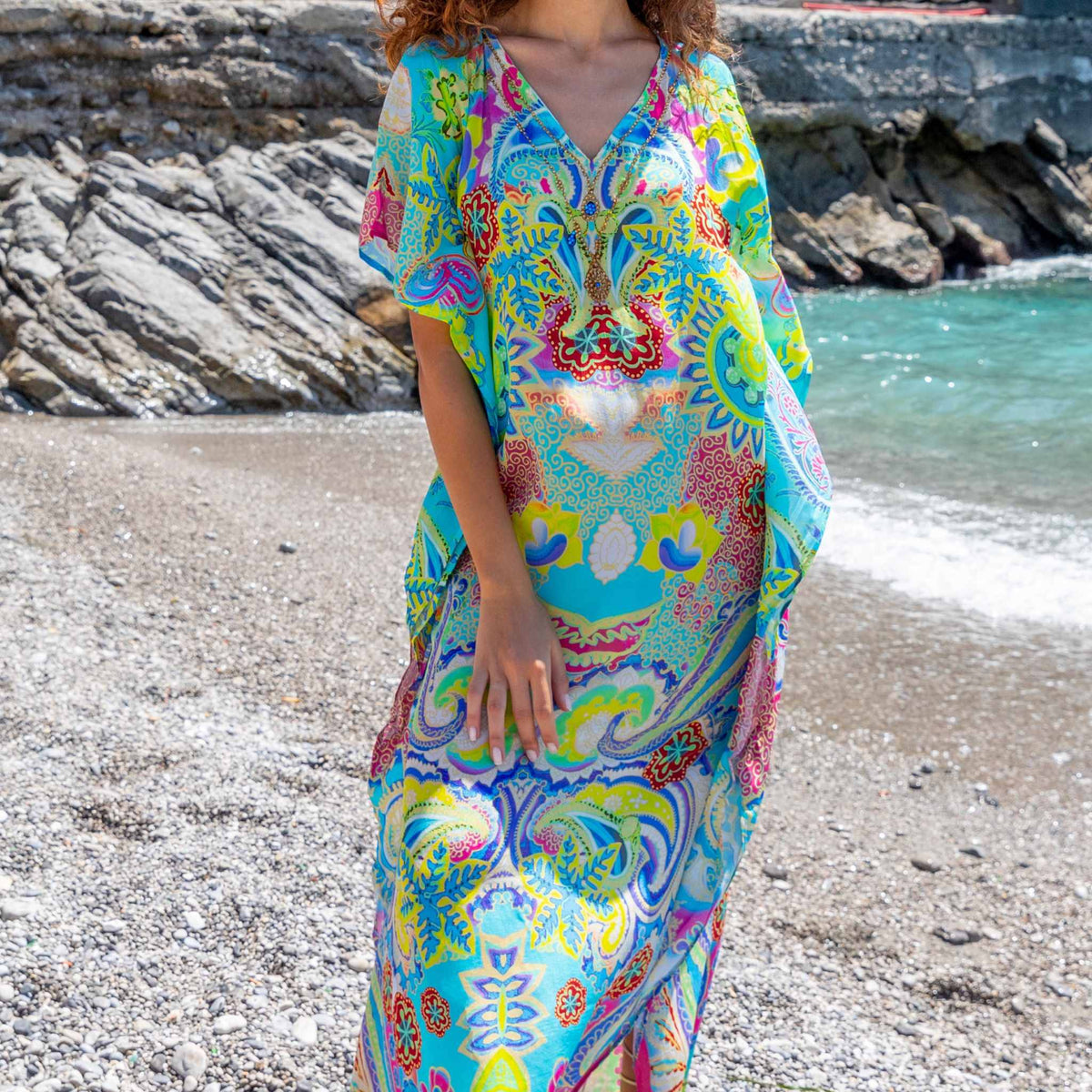Turquoise Yellow Silk Maxi Beach Cover-up – Lindsey Brown