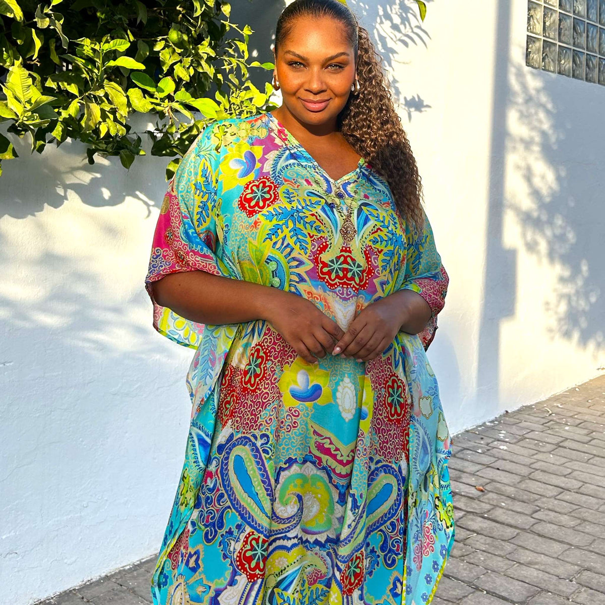 Turquoise silk plus size beach cover up – Lindsey Brown